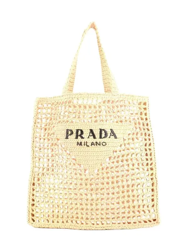 Prada Triangle Logo Open Raffia Tote Bag - Neutrals