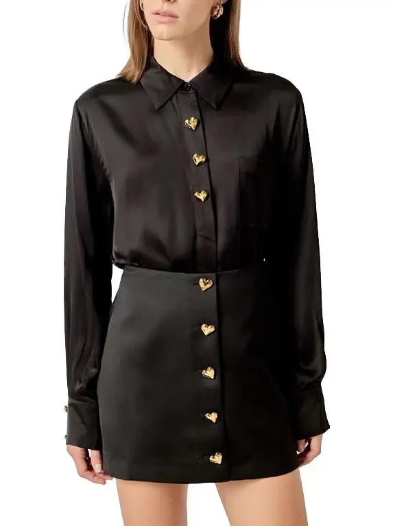 English Factory Heart Button Up Satin Shirt - Black