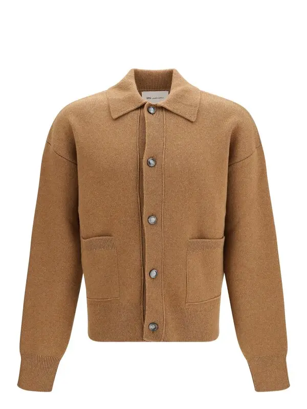 AMI Paris Wool Shirt Collar Cardigan - Brown