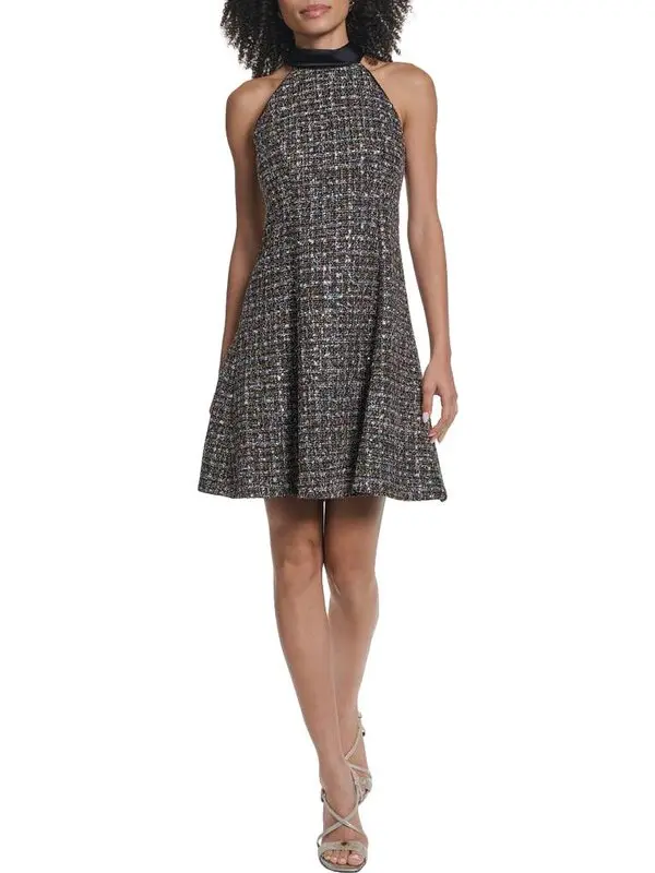 Karl Lagerfeld Paris Satin Collar Tweed Fit & Flare Dress - Black Multi