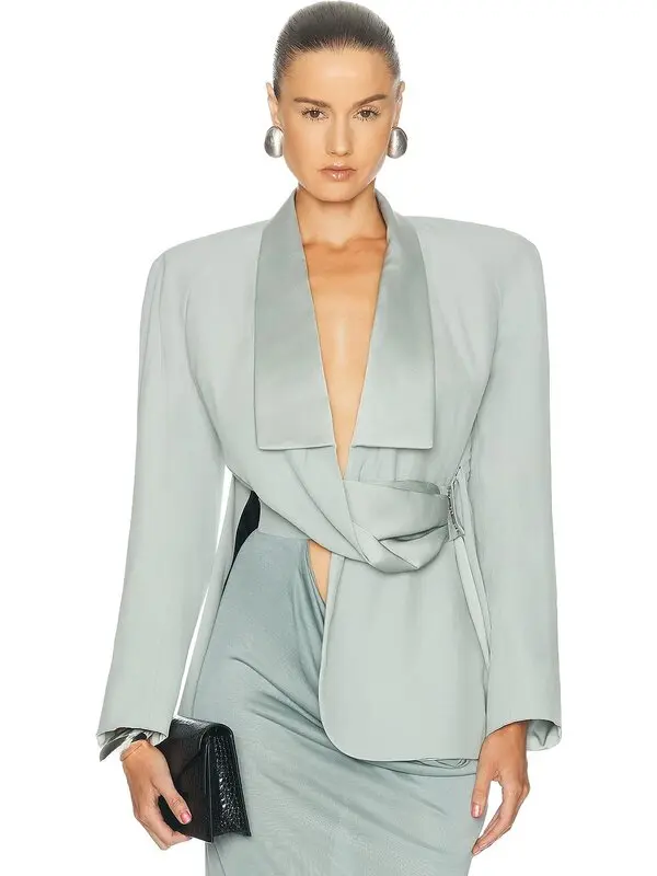 Burc Akyol Satin Draped Blazer In Blue - Celadon