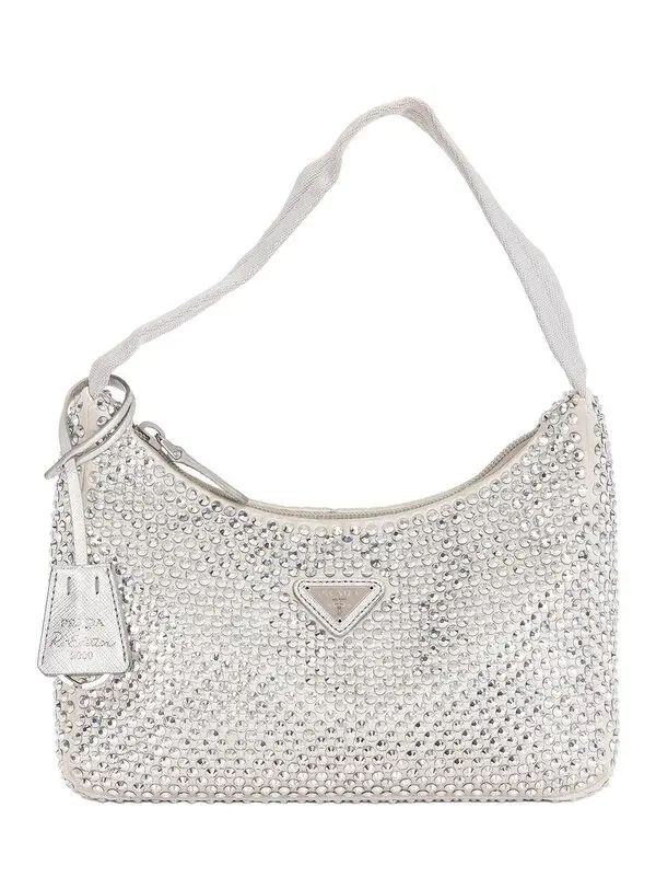 Prada Satin Crystal Embellished Re-edition 2000 Shoulder Bag In Metallic Silver - Blue