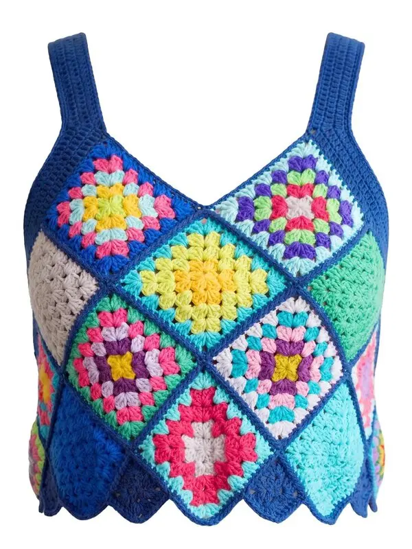 ANA CHIC Navy Trim Granny Square Handmade Crochet Crop Top - Blue