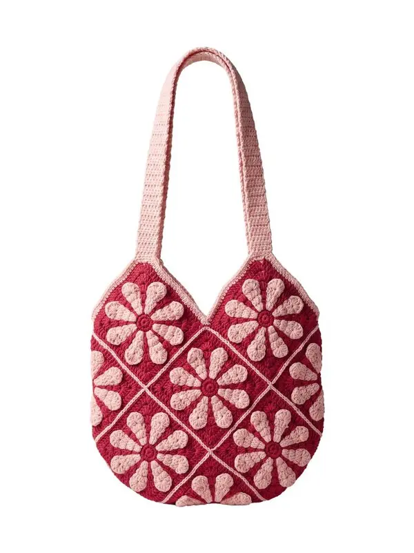ANA CHIC Daisy Granny Square Handmade Crochet Shoulder Bag - Pink
