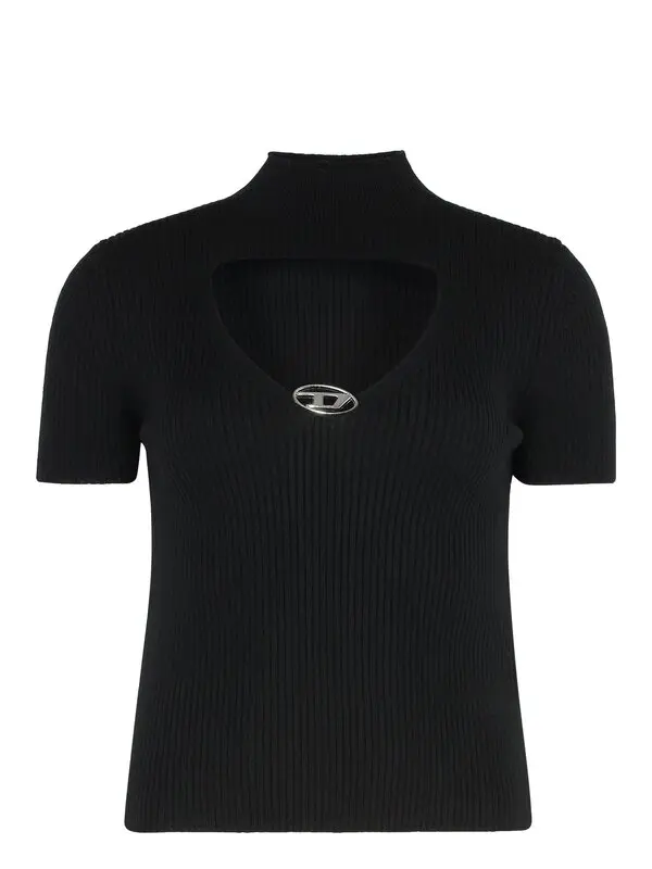 DIESEL® Wool Turtleneck Top With Embellished Oval Cut-out - Black