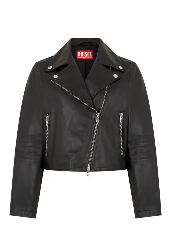 DIESEL® Cropped Leather Jacket With Front Zip And Mandarin Collar - Black
