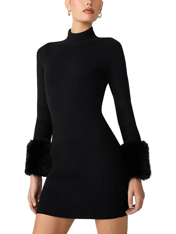 Steve Madden Riello Faux Fur Trim Rib Knit Mini Dress - Black