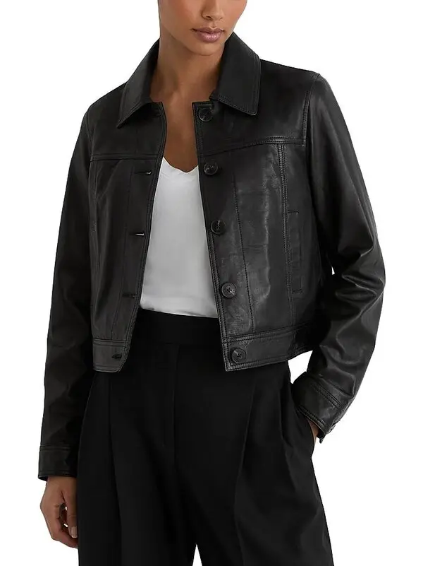 REISS Callie Leather Trucker Jacket - Black
