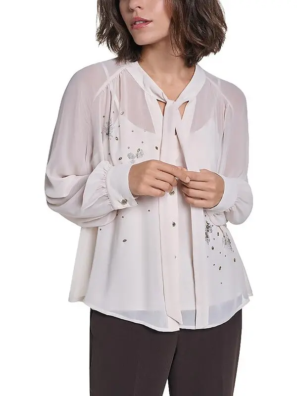 Karl Lagerfeld Paris Chiffon Tie Neck Blouse - Birch