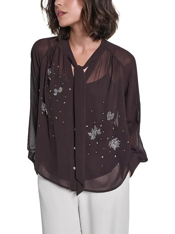 Karl Lagerfeld Paris Chiffon Tie Neck Blouse - Chocolate