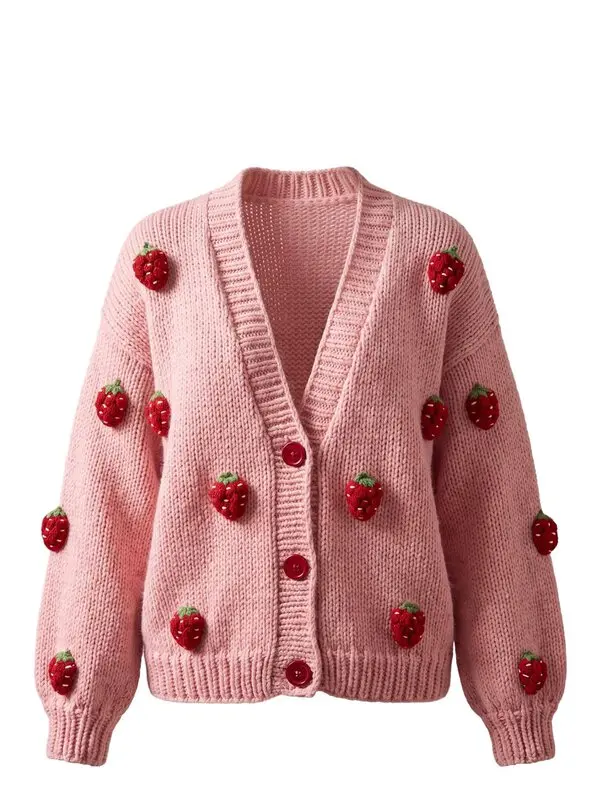 ANA CHIC Rose Strawberry Handmade Knitted Cardigan - Pink