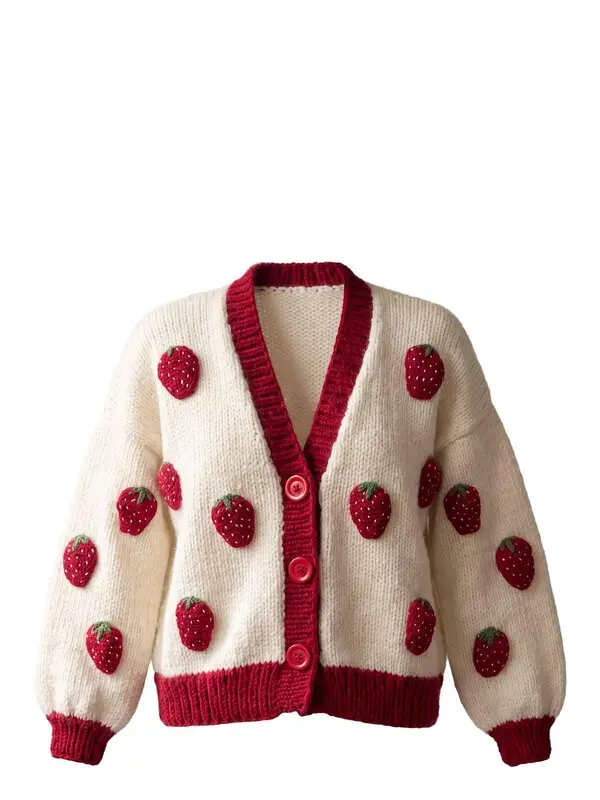 ANA CHIC Neutrals Burgundy Trim Strawberry Handmade Knitted Cardigan - Red