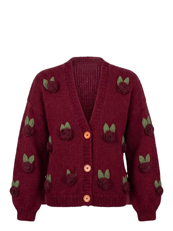 ANA CHIC Rose Motif Handmade Knitted Cardigan In Burgundy - Red