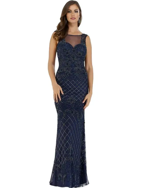 LARA NEW YORK Illusion Neckline Long Dress - Navy