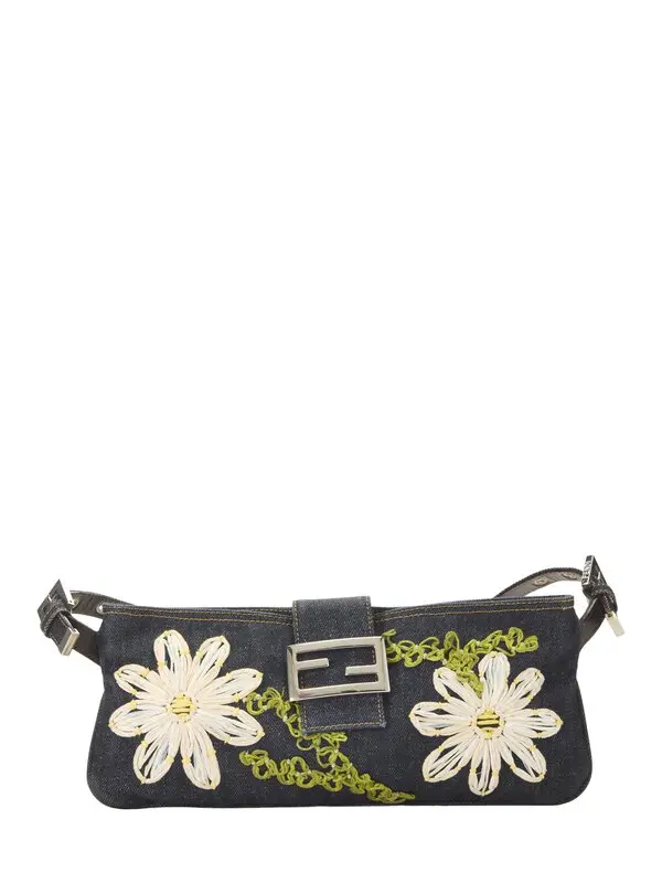 Fendi Embroidered Denim Shoulder Bag - Navy