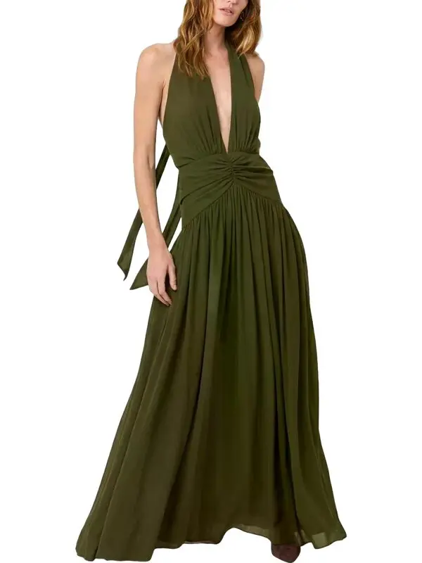 NICHOLAS Halterneck Ruched Maxi Dress - Green