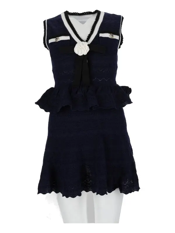 SELF-PORTRAIT Mini Abito In Maglia Traforata Con Volant - Blue