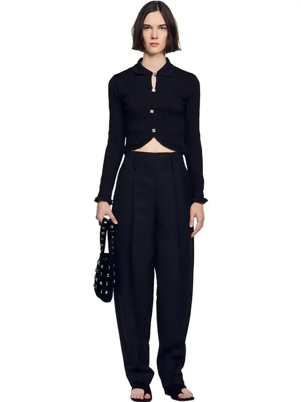 Sandro Smocked Shirt With Jewel Buttons - Black