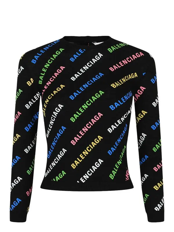 Balenciaga Allover Logo Cropped Sweater Multi - Black