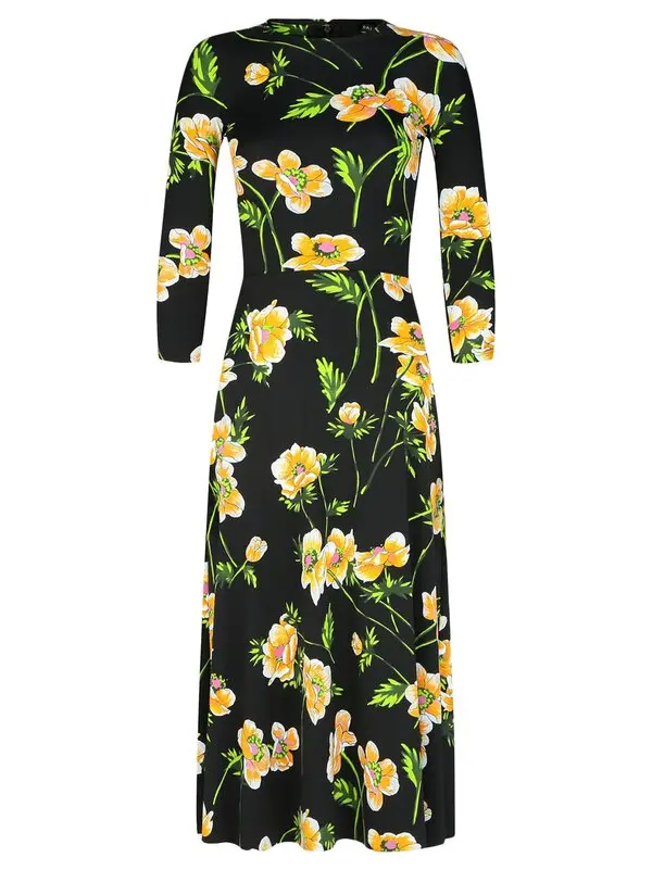 Balenciaga Floral-print A-line Crewneck Dress Yellow - Black