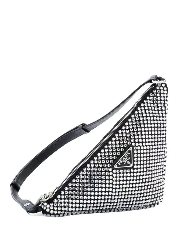 Prada Triangle Top Handle Pouch Bag Crystal Embellished Satin Mini Satchel - Black