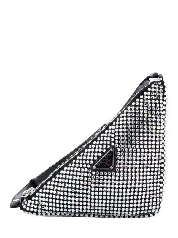 Prada Triangle Top Handle Pouch Bag Crystal Embellished Satin Mini Satchel - Black