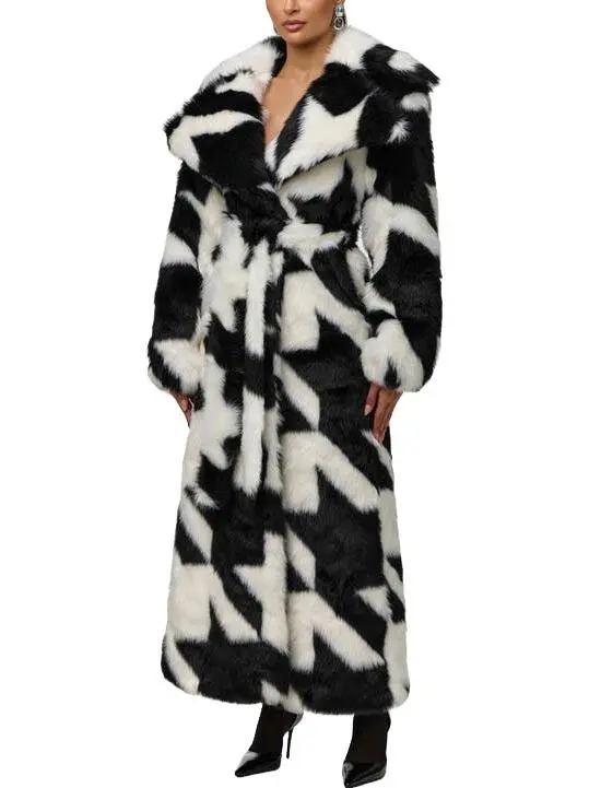 Naked Wardrobe Houndstooth Jacquard Faux Fur Coat - Oversized Houndstooth