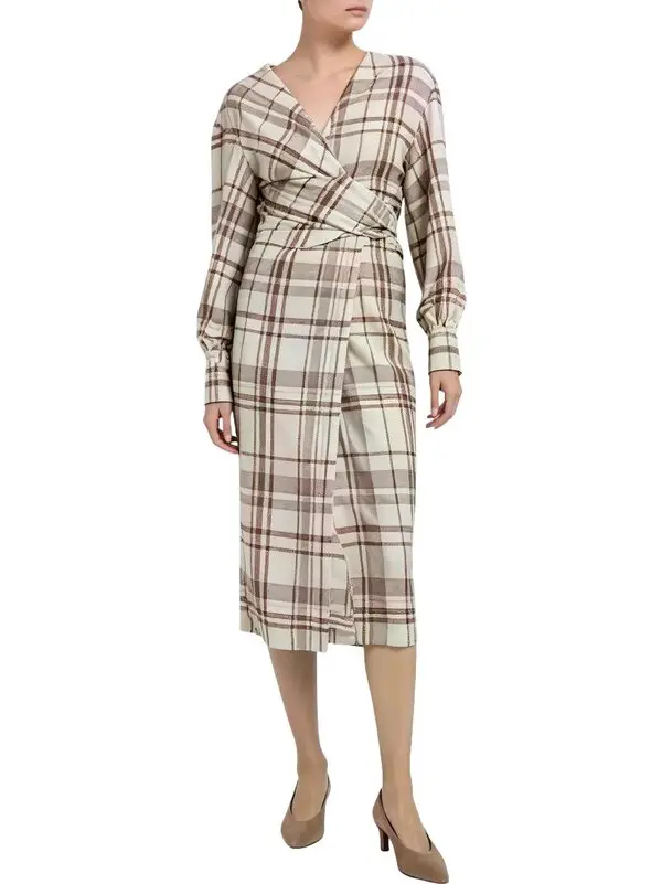 Brunello Cucinelli Check-print Wrap-style Midi Dress - Neutrals