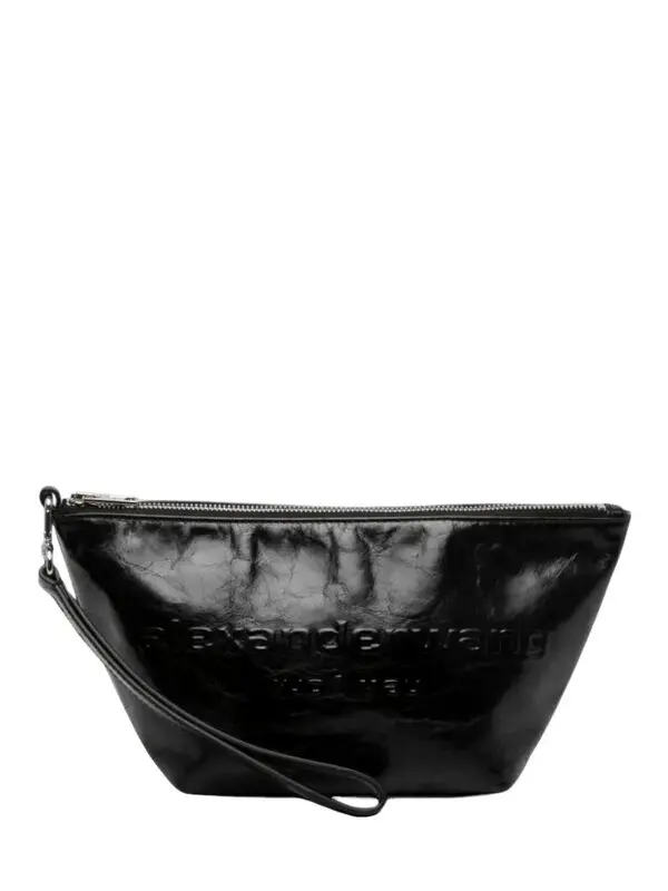 Alexander Wang 2024 Crackled Patent Punch Wristlet Zip Pouch Clutch Bag - Black