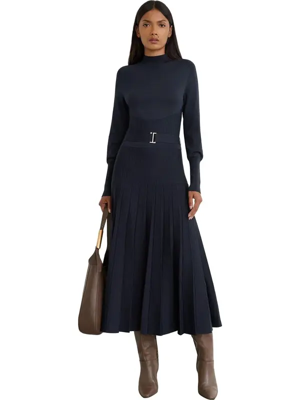 REISS Lydia Belted Pleated Knit Midi Dress - Navy
