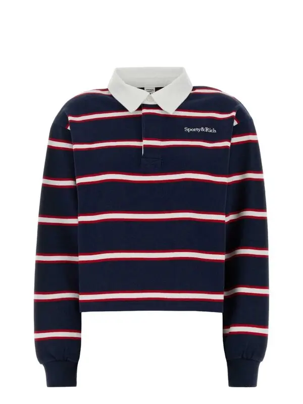 SPORTY  RICH Sporty Rich Serif Logo Striped Rugby Polo - Navy Blue