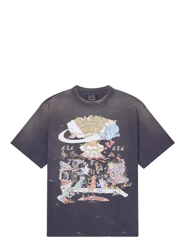 SAINT MXXXXXX Living Printed Distressed Cotton-jersey T-shirt - Black