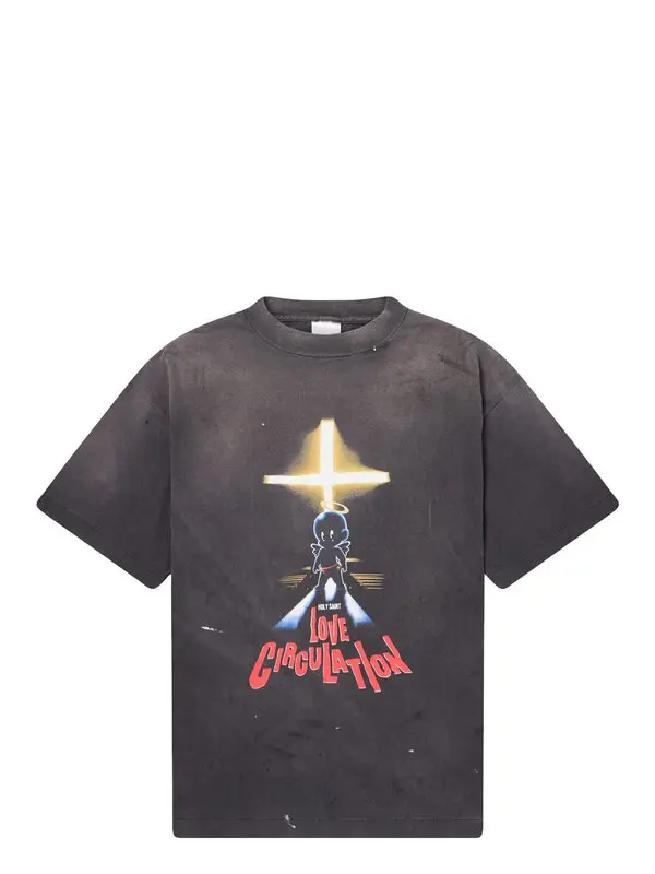 SAINT MXXXXXX Love Circulation Printed Distressed Cotton-jersey T-shirt - Black