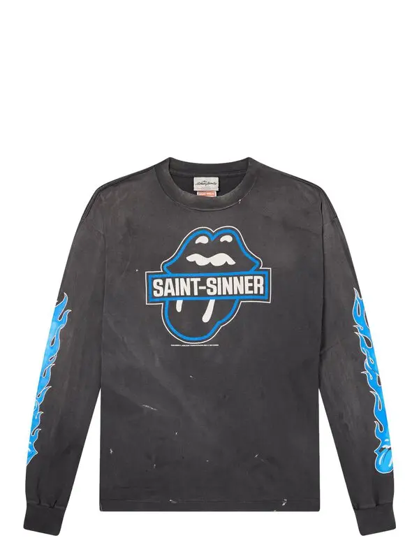 SAINT MXXXXXX The Rolling Stones Fire Printed Distressed Cotton-jersey T-shirt - Black