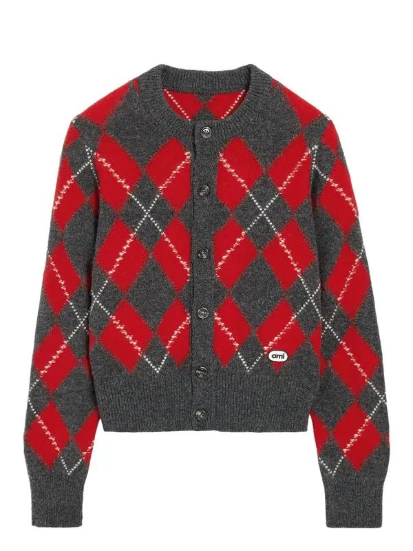 AMI Paris Argyle Printed Cardigan - Carbon Gray/ruby Red