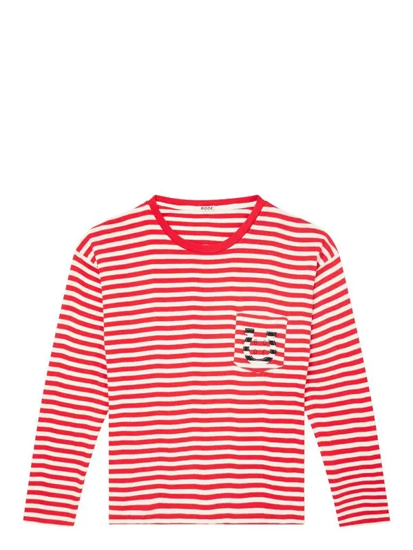 BODE Logo-embroidered Striped Ribbed Cotton-jersey T-shirt - Red
