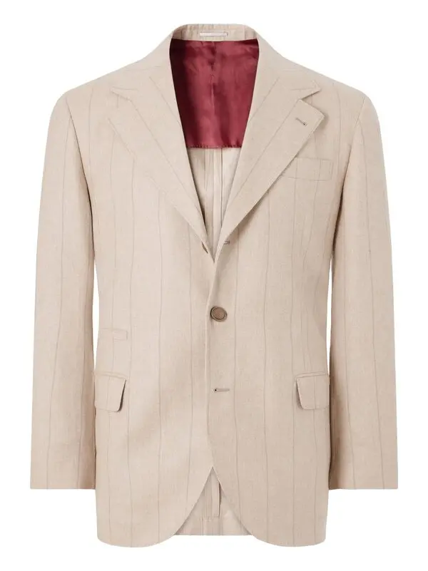 Brunello Cucinelli Pinstripe Wool, Silk And Cashmere-blend Flannel Suit Jacket - Brown
