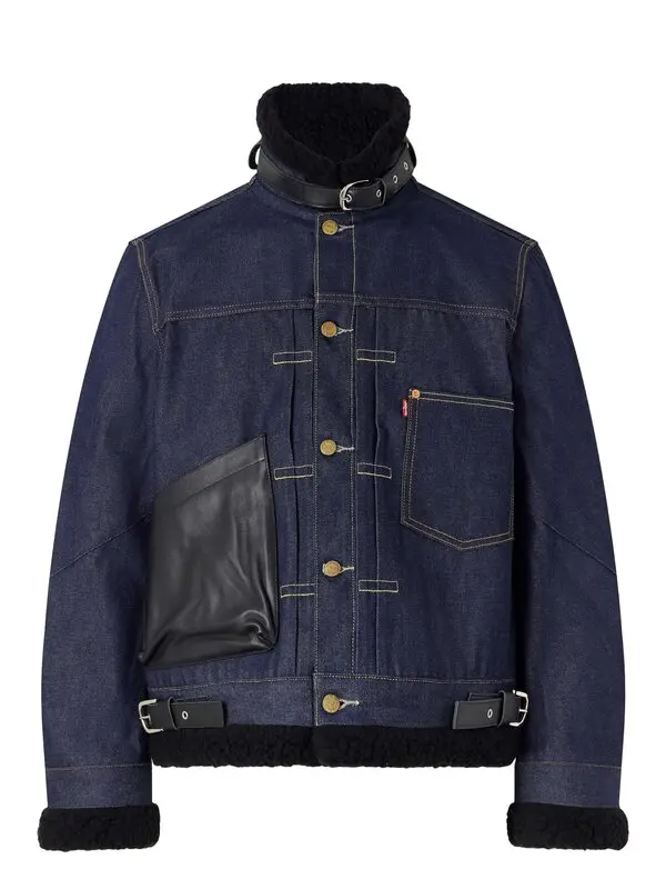 Sacai Levi's Plush And Leather-trimmed Denim Jacket - Navy