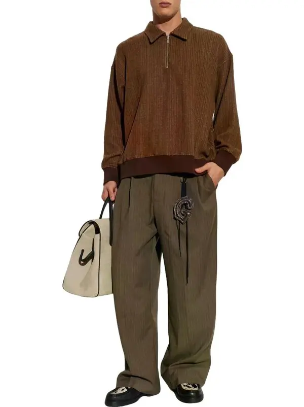 SONG FOR THE MUTE Ribbed-knit Zip-up Polo Shirt - Brown