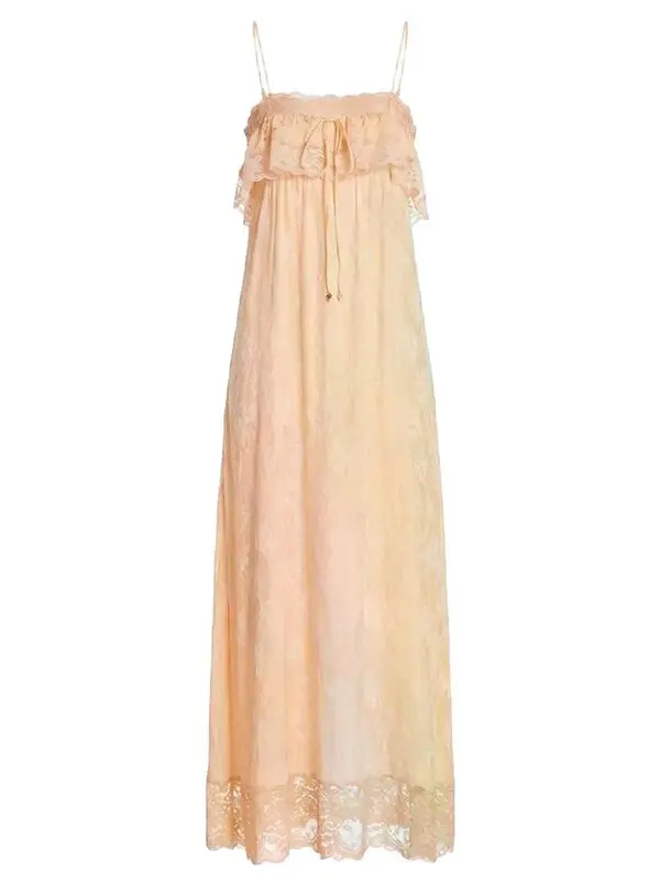 Chloé Thin-strap Long Dress In Silk Jacquard & Lace - Neutrals