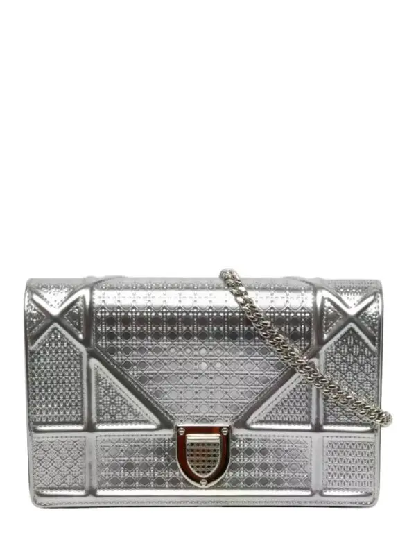 Dior 2019 Metallic Patent Microcannage Diorama Wallet On Chain Crossbody Bag - Silver