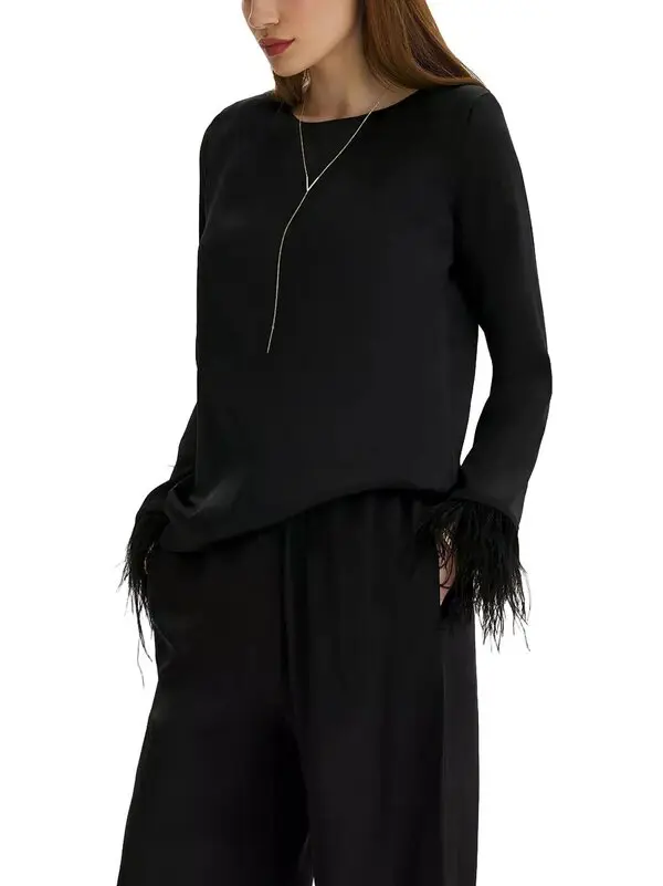 FRAMBOISE Demi Feather-trim Silk Top - Black