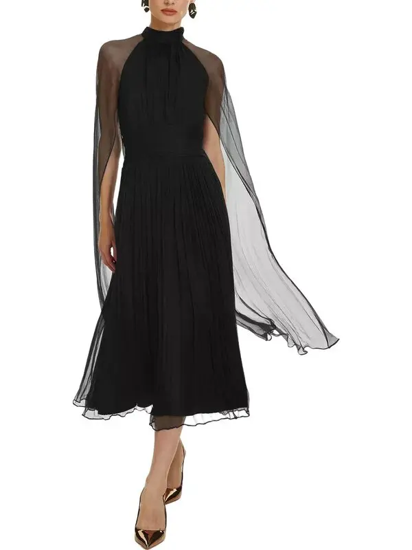 FRAMBOISE Belona Cape-detail Pleated Silk Midi Dress - Black