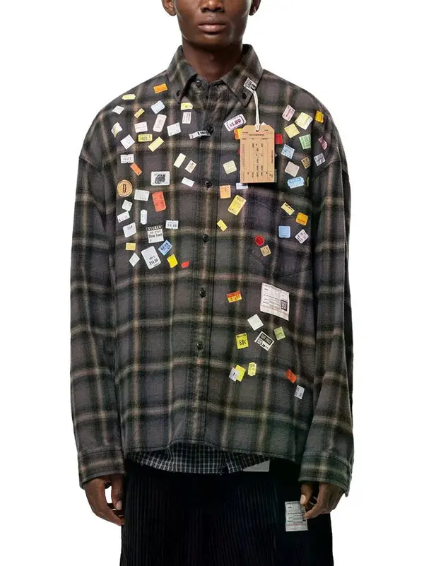 Mihara Yasuhiro Price Sticker Printed Check Shirt - Grey