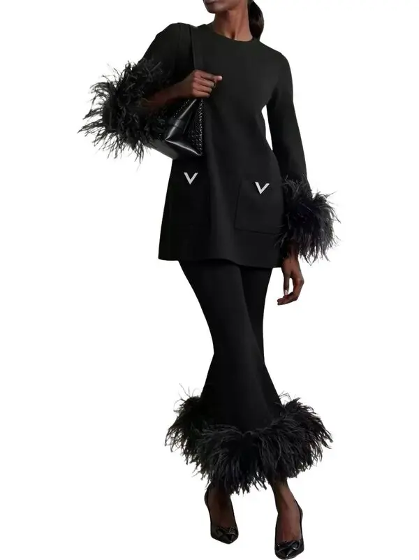 Valentino Garavani Feather-trimmed Flared Trousers - Black
