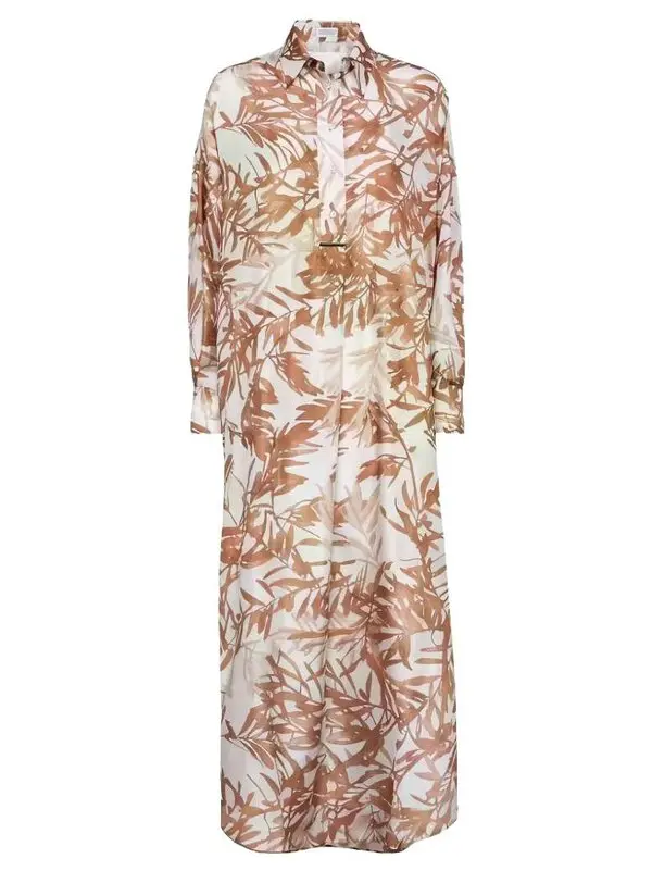 Brunello Cucinelli Leaf-print Silk Shirt Maxi Dress - White