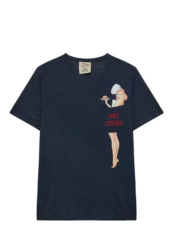 MC2 SAINT BARTH Navy Ecstasea Linen T-shirt With Pin-up-print - Blue