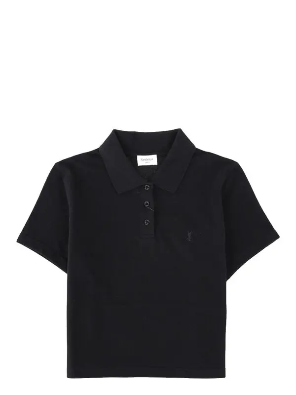 Saint Laurent Polo Corta Cassandre In Piqué Di Cotone - Black