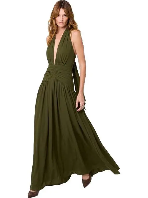 NICHOLAS Arella Deep Plunge Halter Maxi Dress - Green