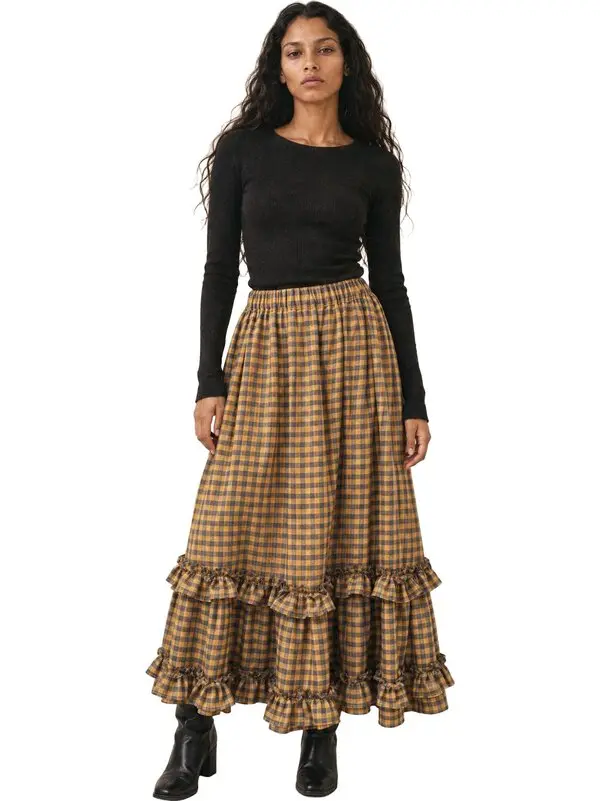 THE WELL WORN The Rosa Skirt Mustard Gingham - Brown